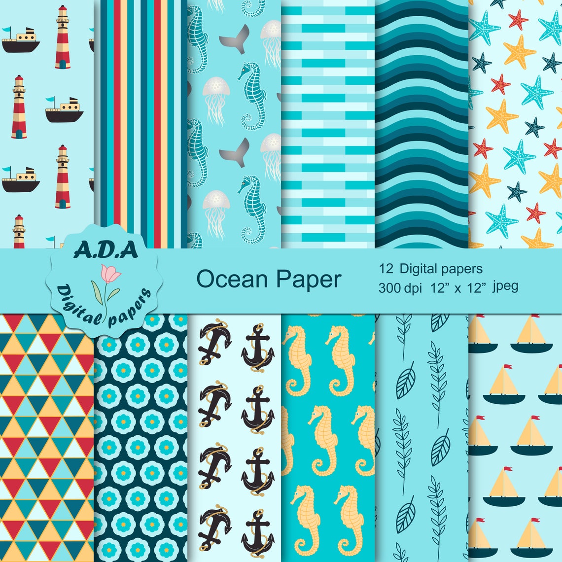 Ocean Paper Pack, Sea Scrapbook Paper, Blue Background, Boat, Anchor ...