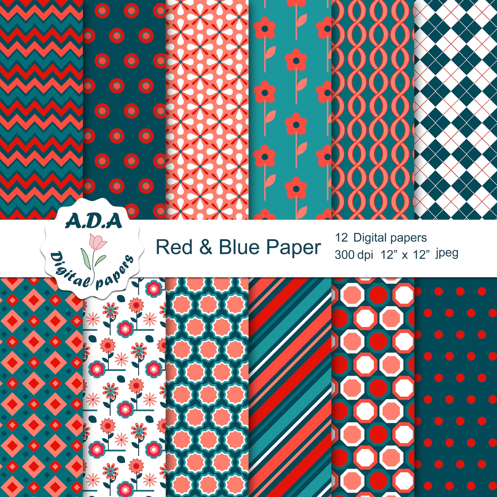 Red and Blue Digital Paper Pack, Scrapbooking Papers, Red and Blue ...