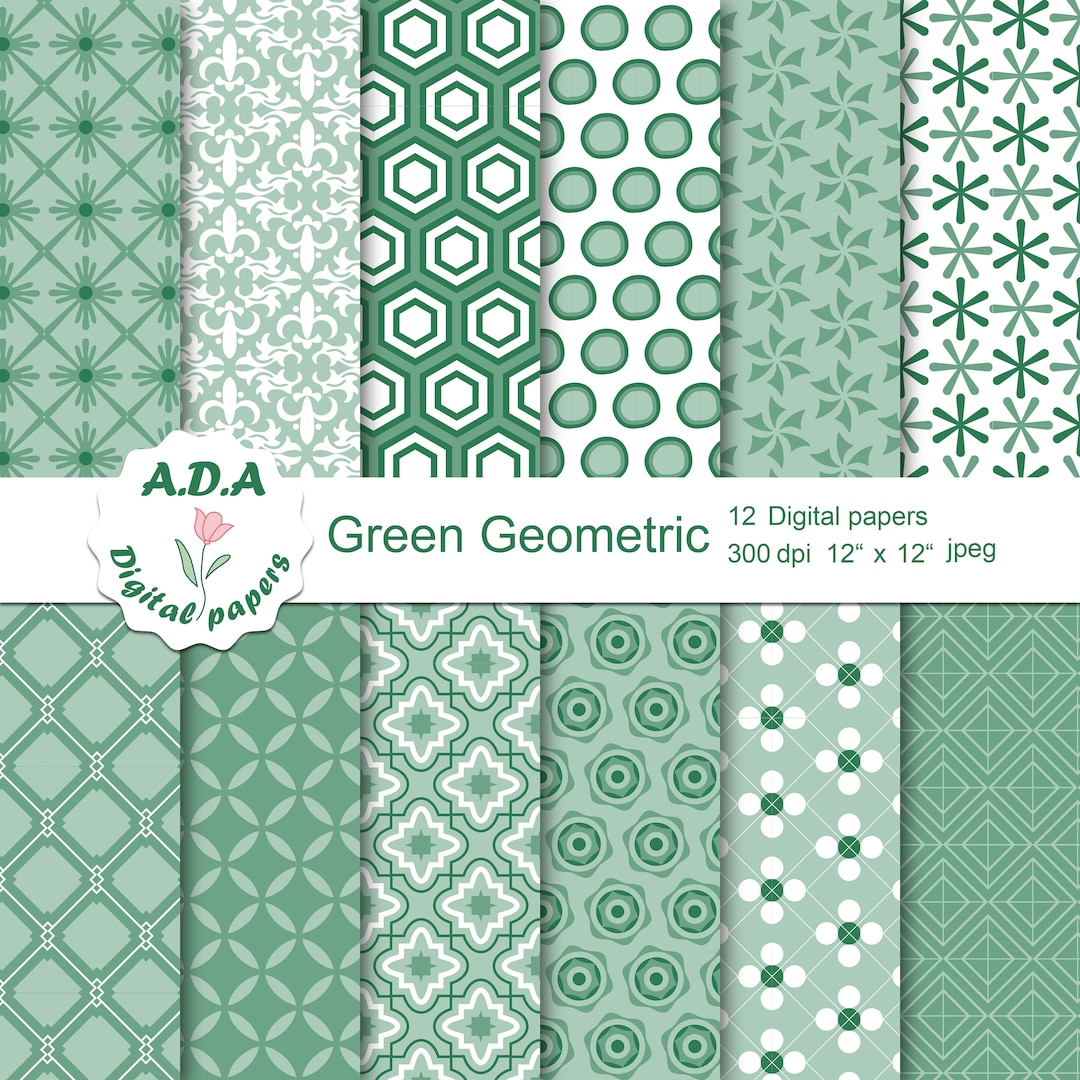 Green Digital Paper, Green Geometric Pattern, Green Scrapbook Paper ...