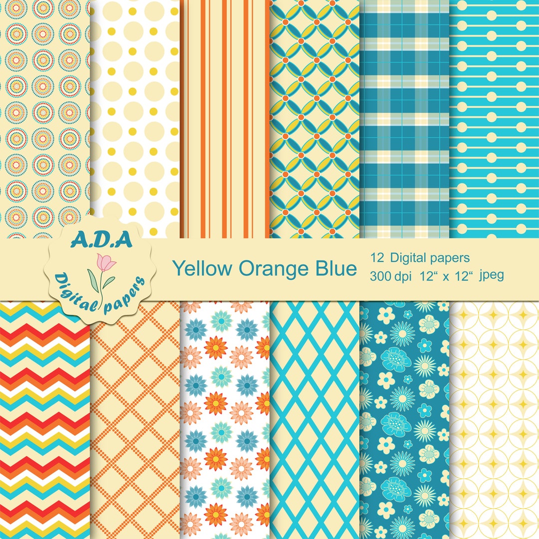 Yellow, Orange and Blue Digital Paper Pack, Orange and Yellow Scrapbook ...
