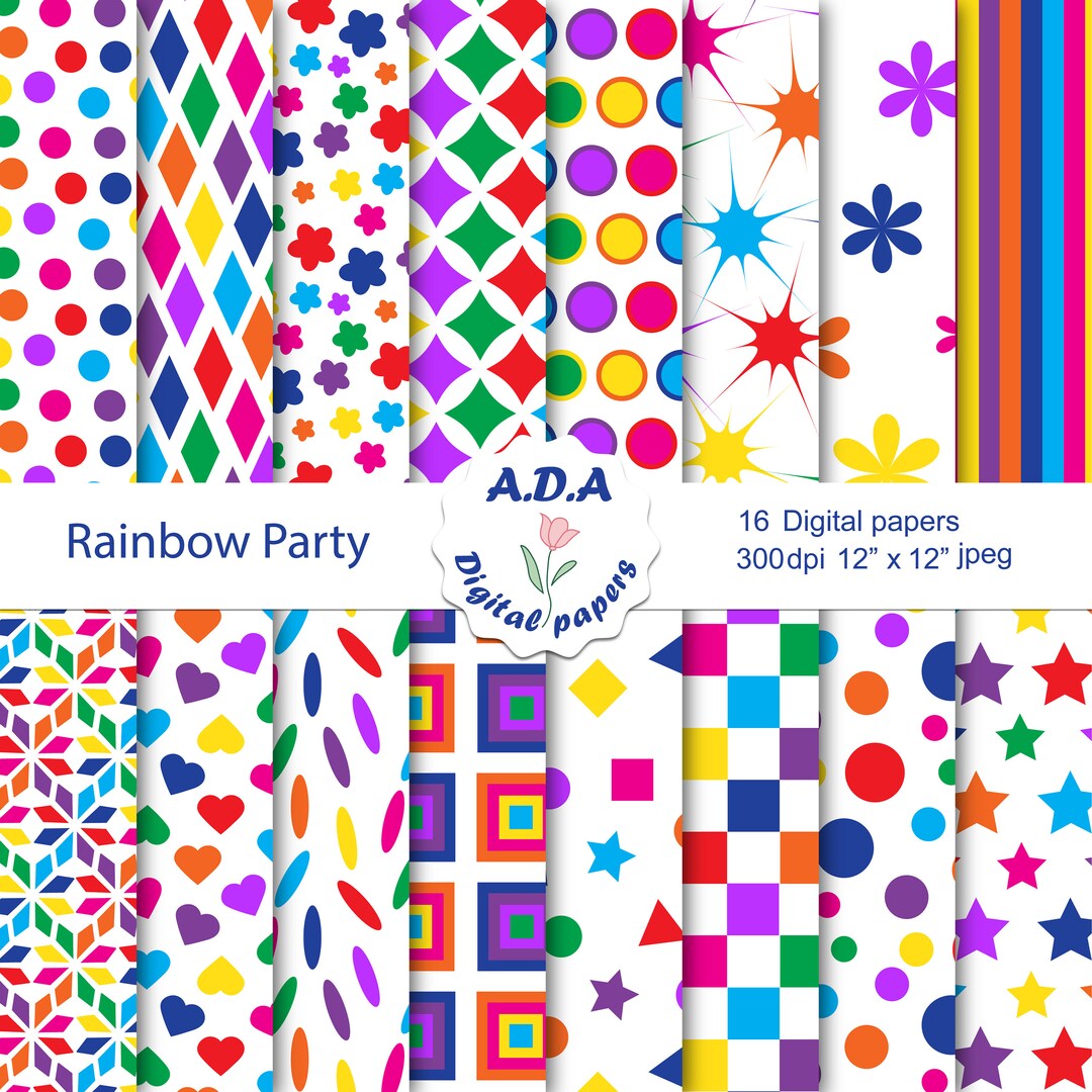 Colorful Rainbow Party Digital Paper Pack, Party Decoration, Rainbow ...