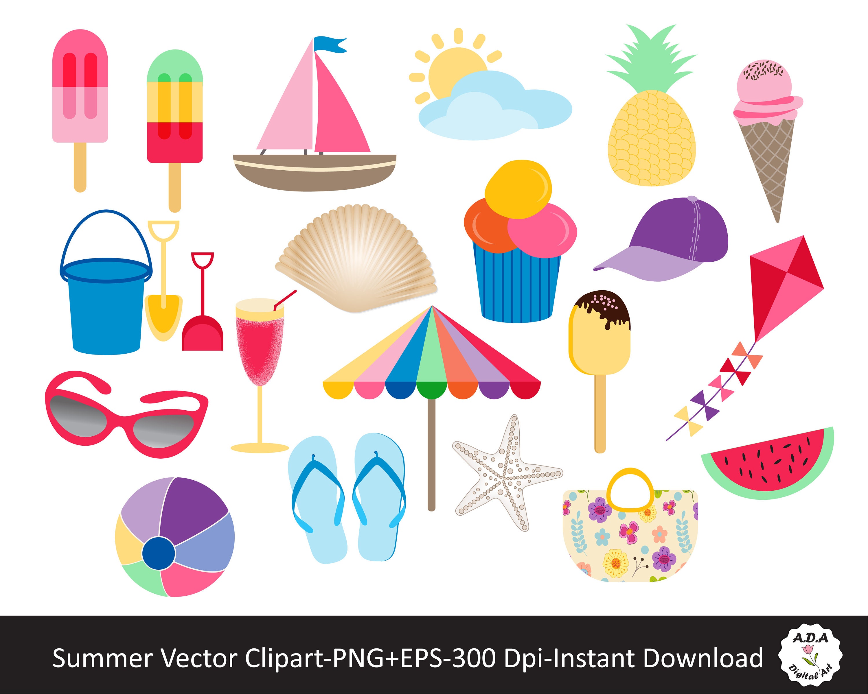 Summer Clipart, Summer Vector Clip Art, Beach Clipart, Kite, Sunglasses ...
