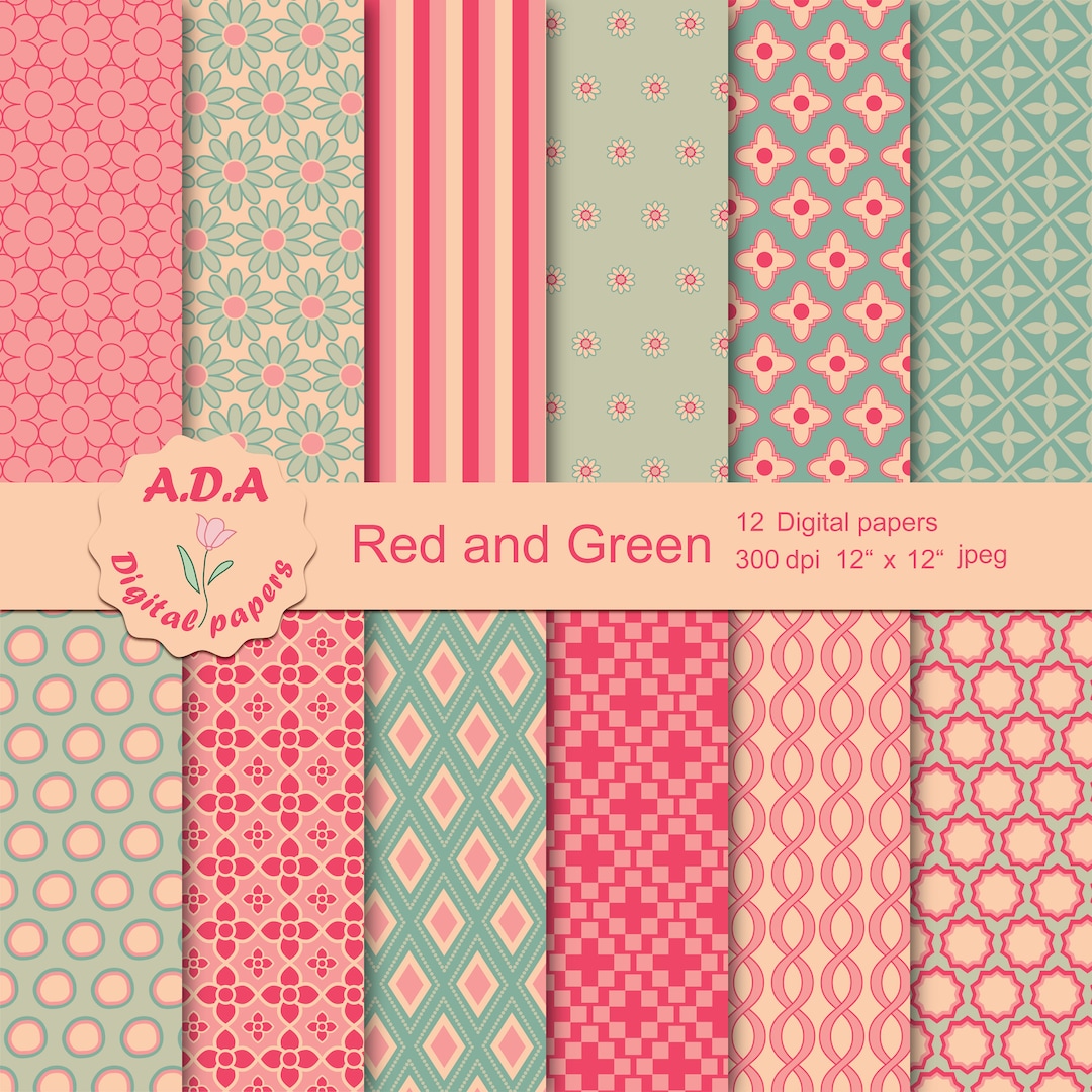 Red and Green Digital Paper Pack, Red and Green Scrapbook Paper, Red ...