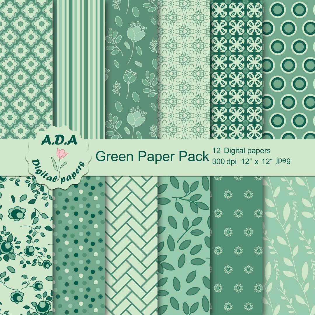 Green Digital Paper, Green Floral Pattern, Green Scrapbook Paper, Green ...