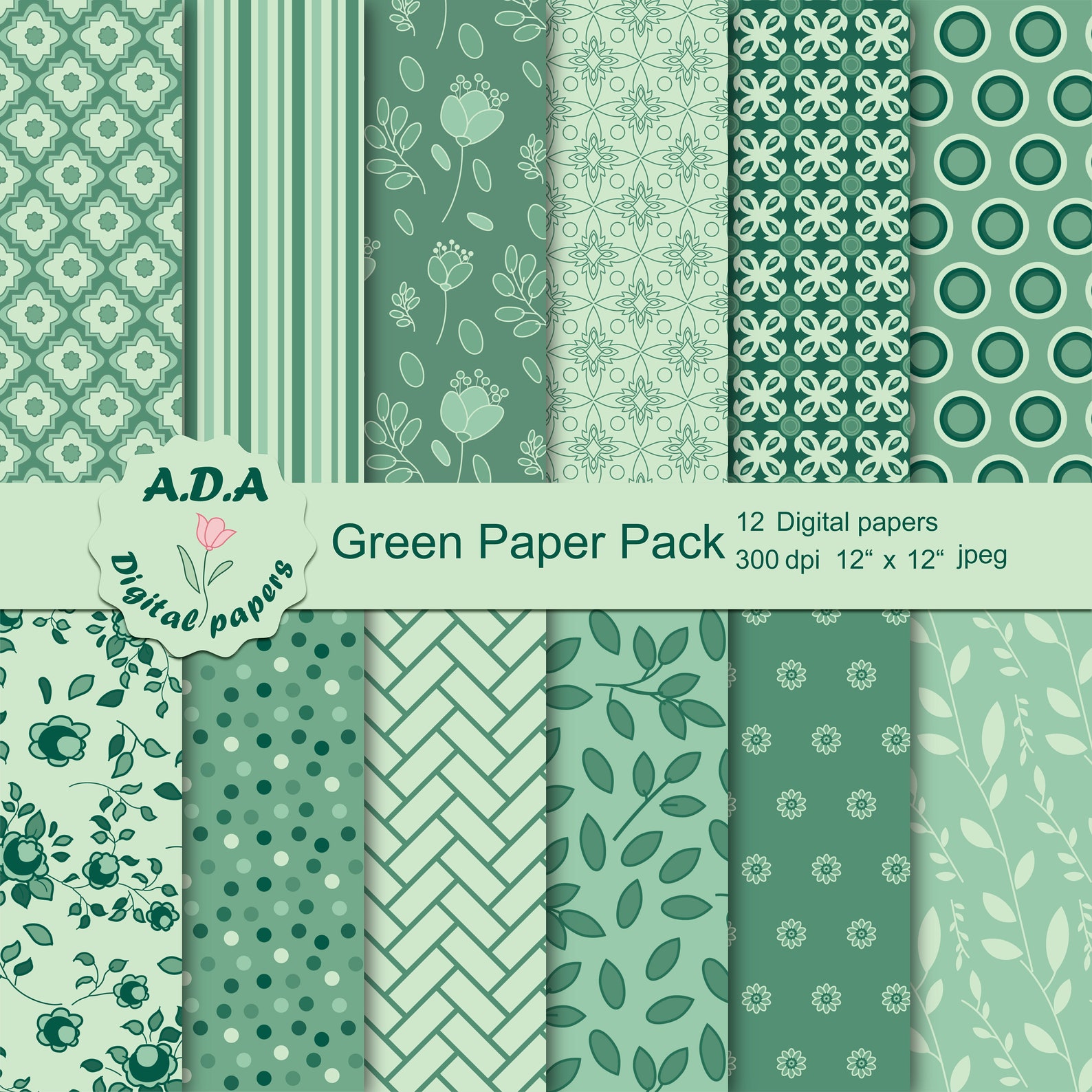 Green Digital Paper, Green Floral Pattern, Green Scrapbook Paper, Green ...