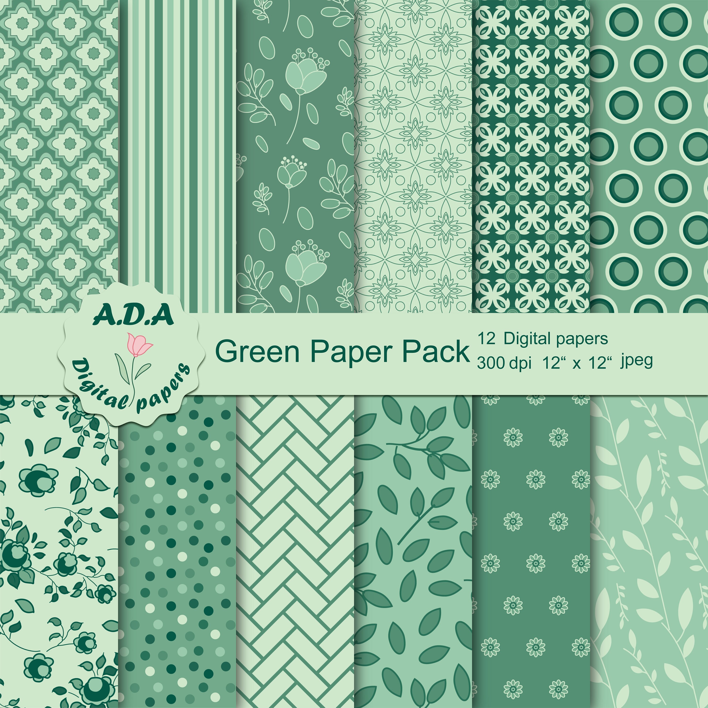 Green Digital Paper, Green Floral Pattern, Green Scrapbook Paper, Green ...