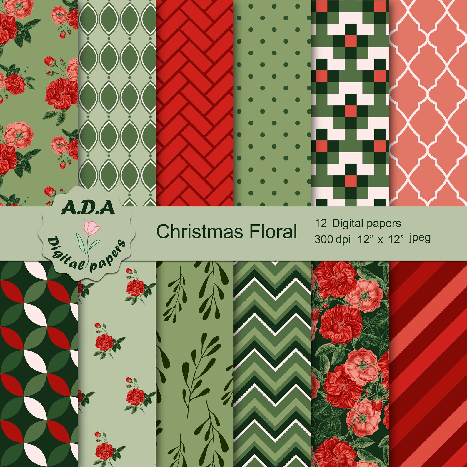 Christmas Floral Digital Paper Pack, Christmas Background, Christmas ...