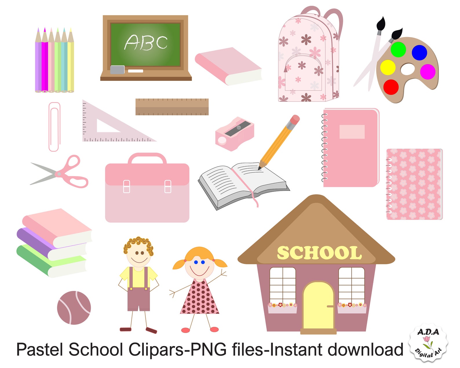 Pastel School Clipart, School Tools Clip Art, Teacher Clipart, School ...