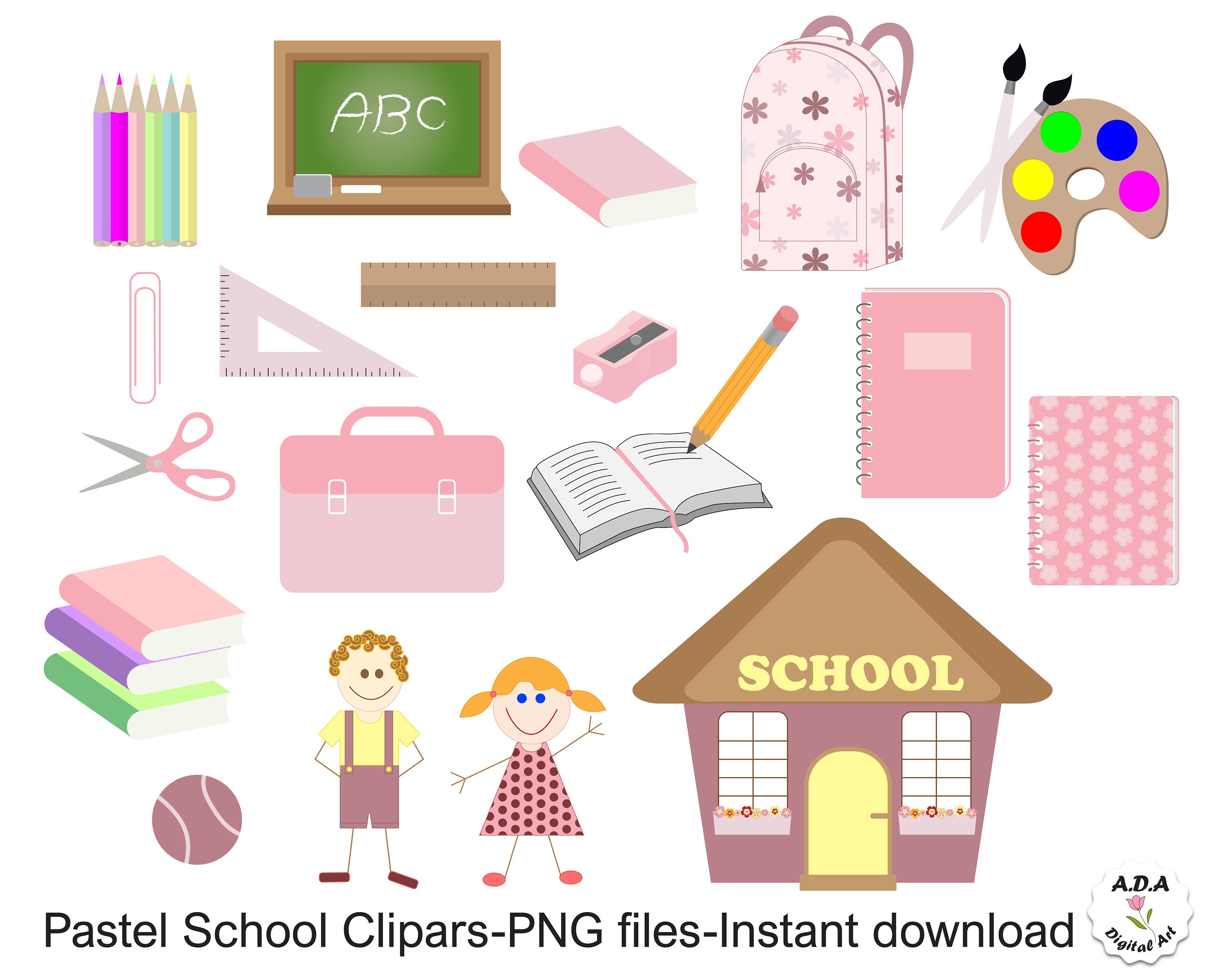 Pastel School Clipart, School Tools Clip Art, Teacher Clipart, School ...