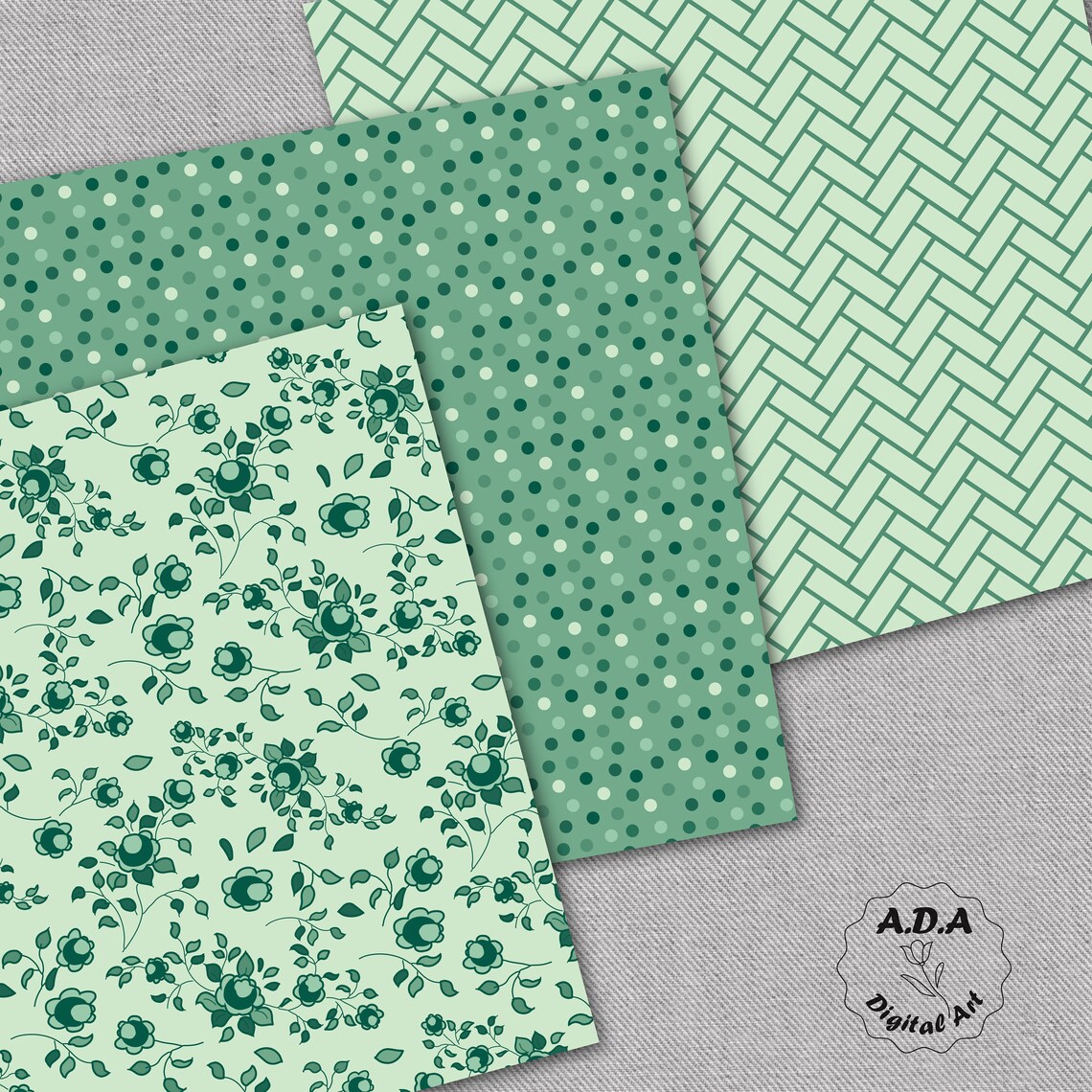 Green Digital Paper, Green Floral Pattern, Green Scrapbook Paper, Green ...