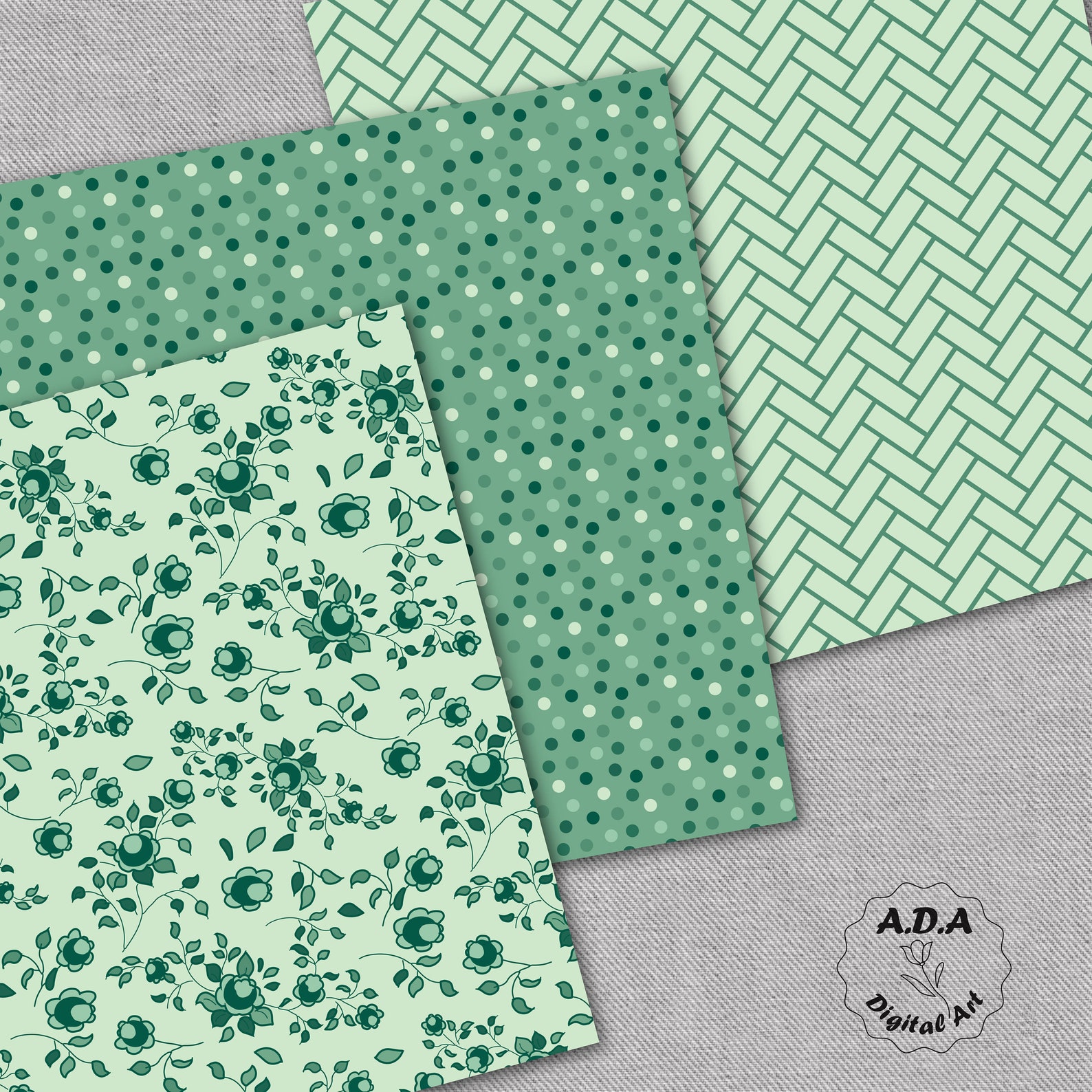 Green Digital Paper, Green Floral Pattern, Green Scrapbook Paper, Green ...