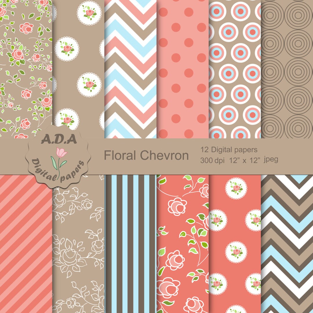 Floral and Chevron Printable Digital Paper Pack, 12x12 Digital Paper ...
