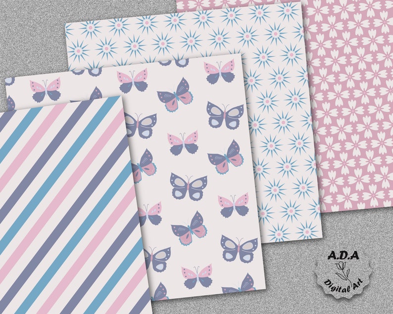Blue and Pink Digital Paper, Pastel Butterfly Scrapbook Paper, Floral ...