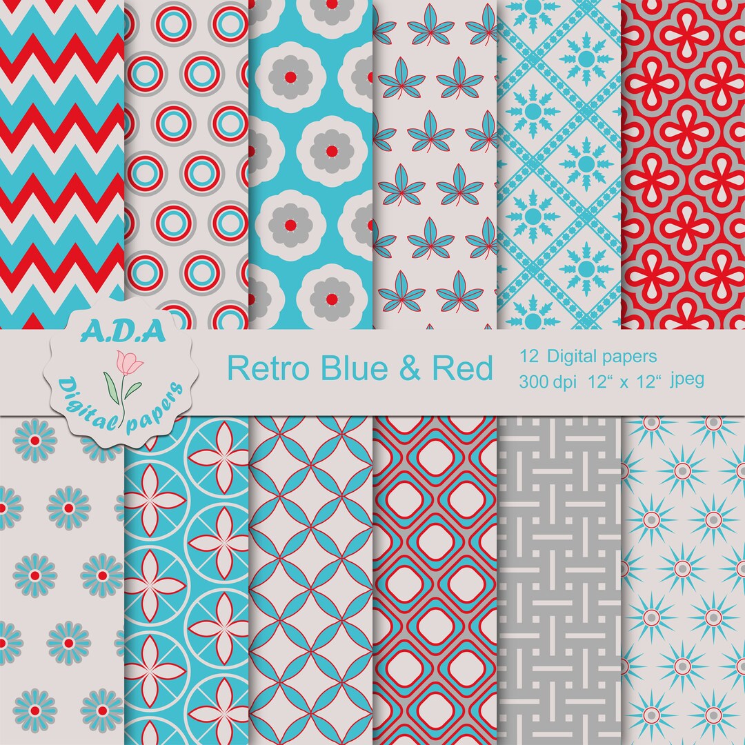 Retro Paper Pack, Blue and Red Scrapbook Paper, Retro Paper, Retro ...