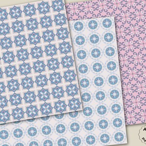 Retro Blue and Pink Digital Paper Pack, Floral Scrapbooking Paper, Blue ...