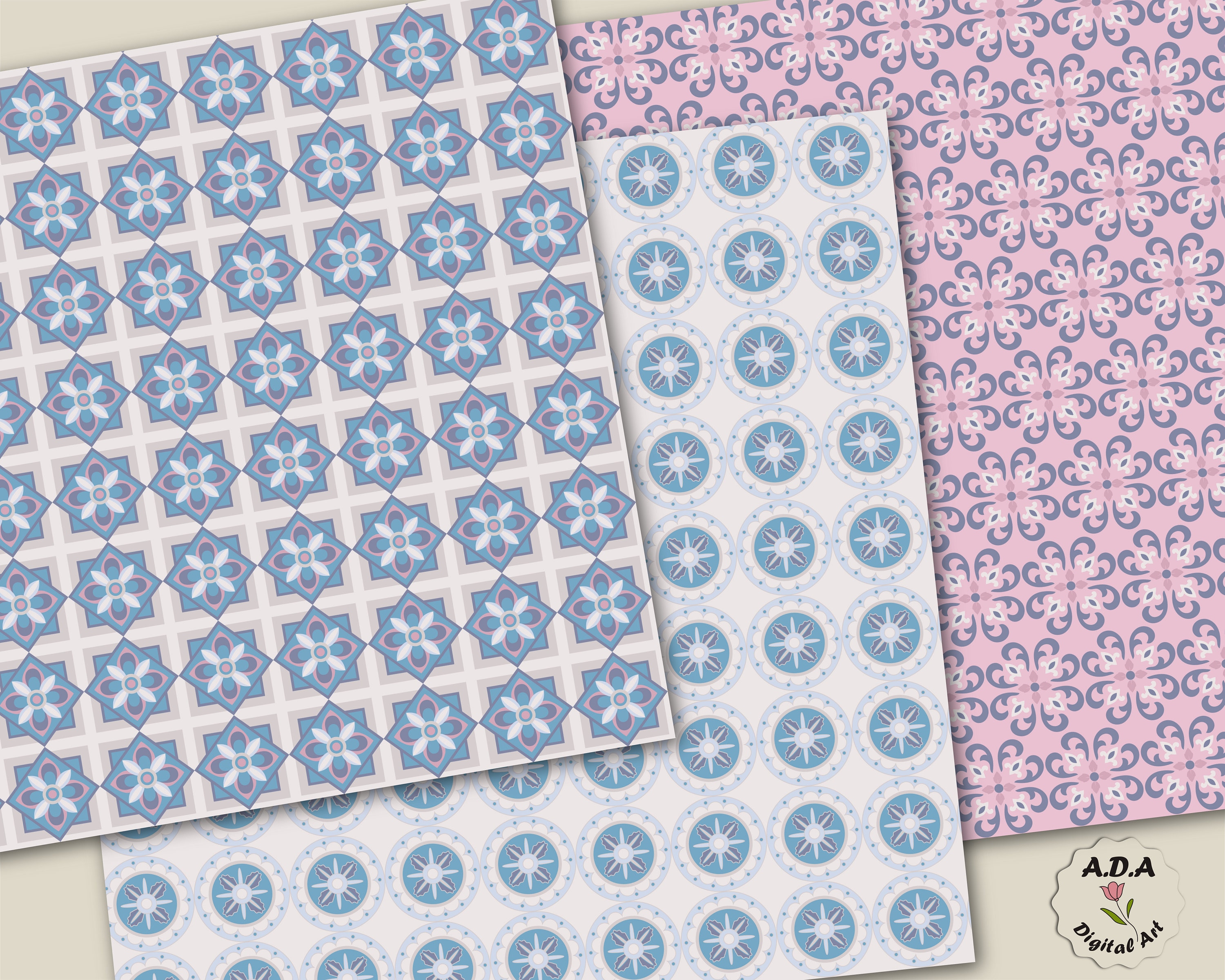 Retro Blue and Pink Digital Paper Pack, Floral Scrapbooking Paper, Blue ...