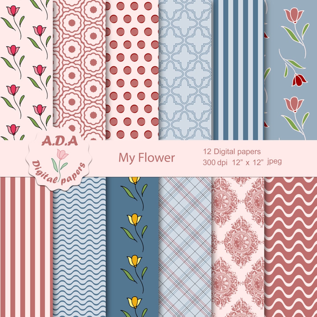Floral Pink and Blue Printable Digital Paper Pack, Pink and Blue ...