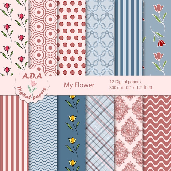 Floral Pink and Blue Printable Digital Paper Pack Pink and | Etsy