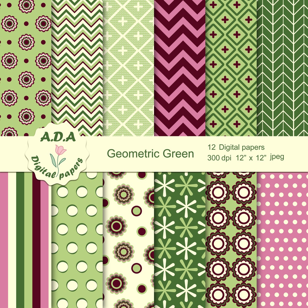 Green Geometric Digital Paper Pack, Green Background, Scrapbooking ...