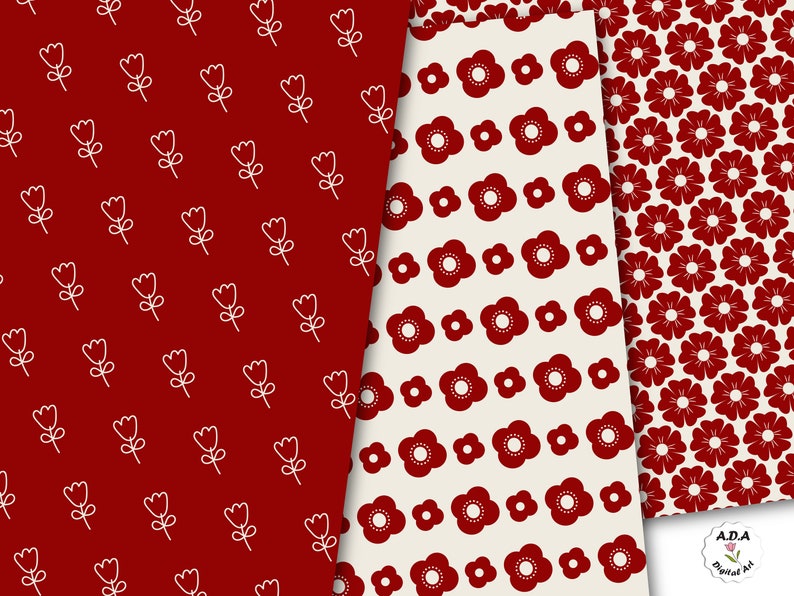 Dark Red Digital Paper, Red Floral Pattern, Red Scrapbook Paper, Dark ...