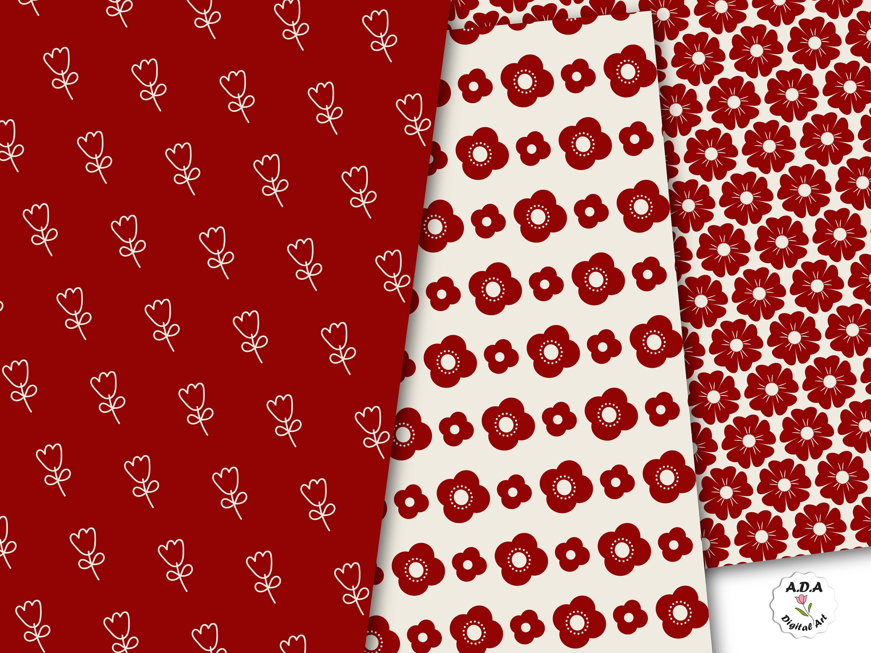 Dark Red Digital Paper, Red Floral Pattern, Red Scrapbook Paper, Dark ...