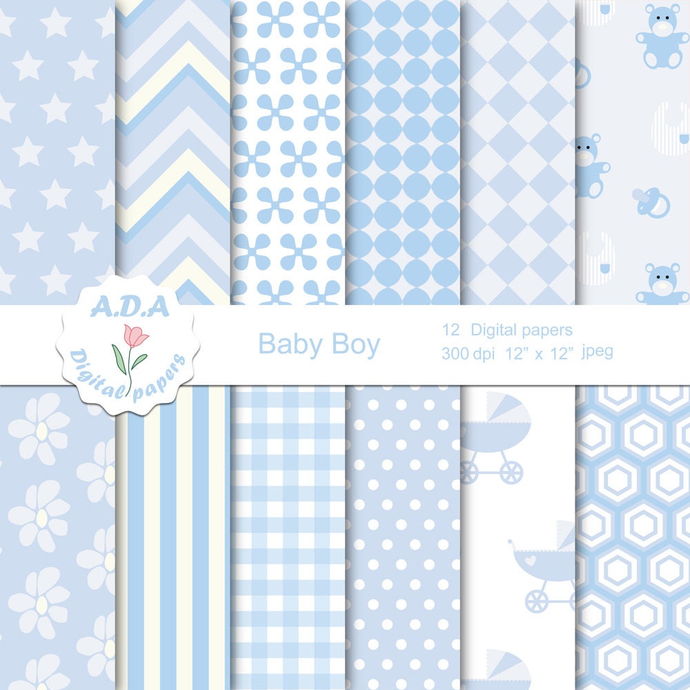 Baby Boy Blue Printable Digital Paper Pack, Baby Shower Patterns, 12x12 ...
