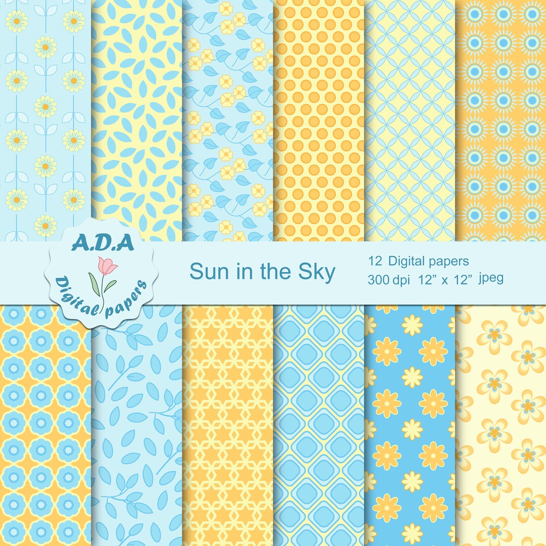 Aqua and Yellow Digital Paper Pack, Light Blue Scrapbooking Papers ...
