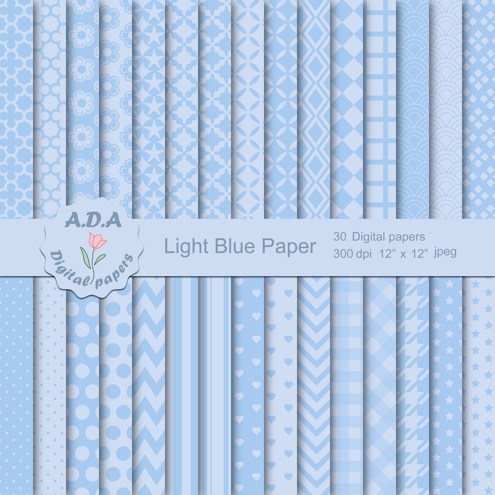 Light Blue Digital Paper Pack, Blue Scrapbooking Paper, Light Blue ...