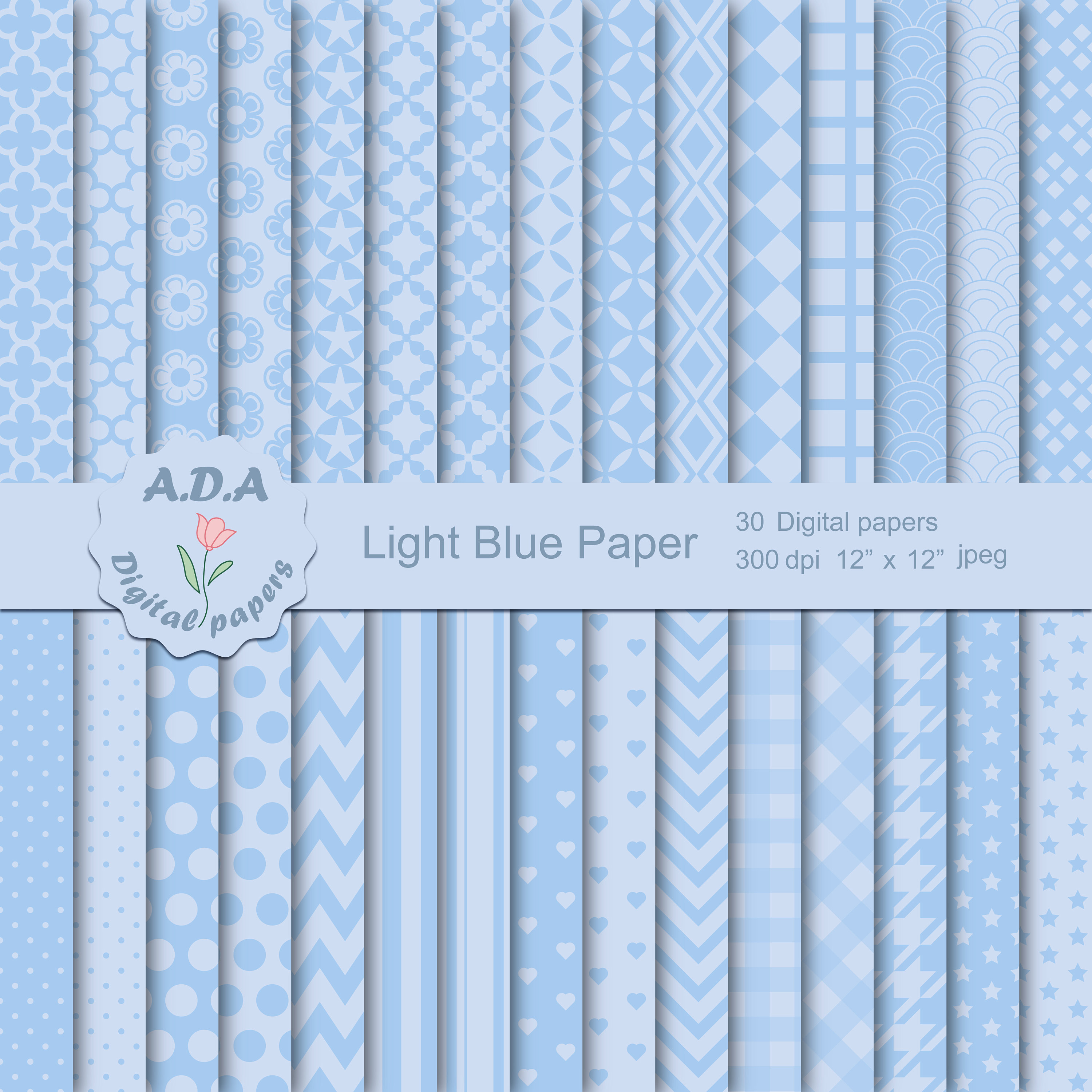 Light Blue Digital Paper Pack, Blue Scrapbooking Paper, Light Blue ...