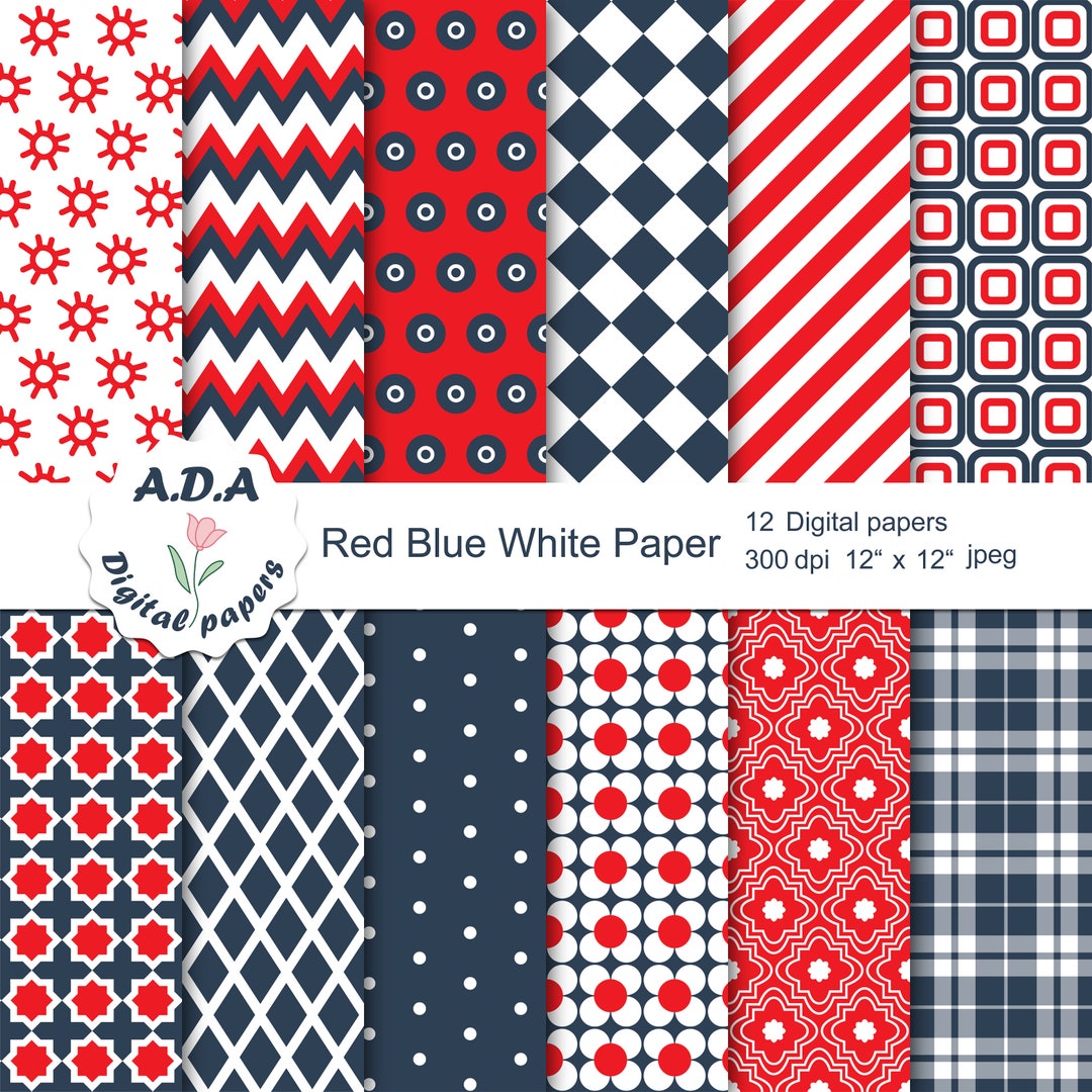 Red Blue and White Digital Paper Pack, Red and White Scrapbook Paper ...