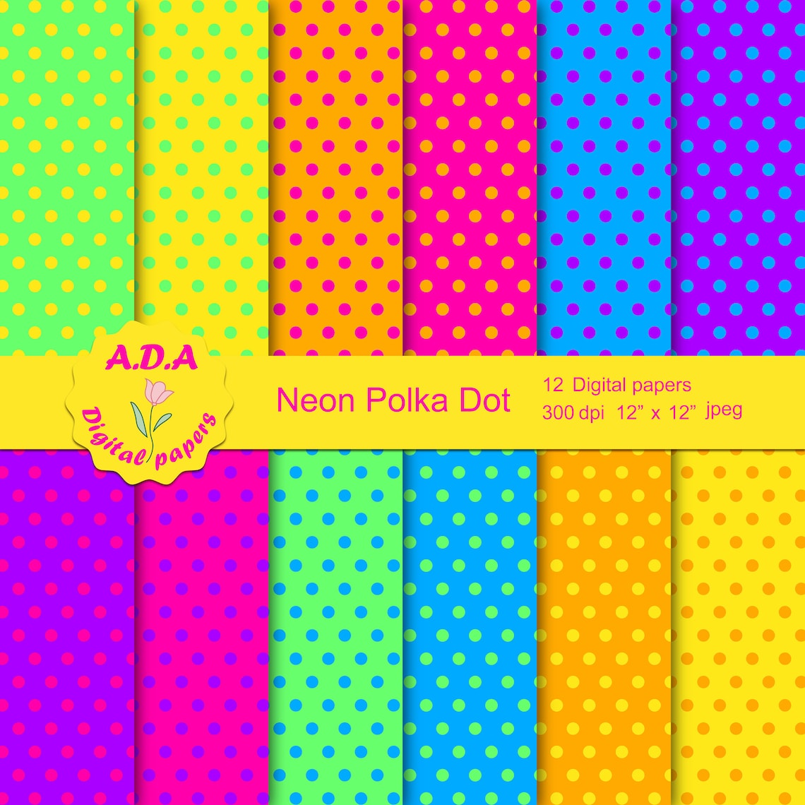 Neon Polka Dot Digital Paper Pack, Polka Dot Scrapbooking Papers, Polka ...