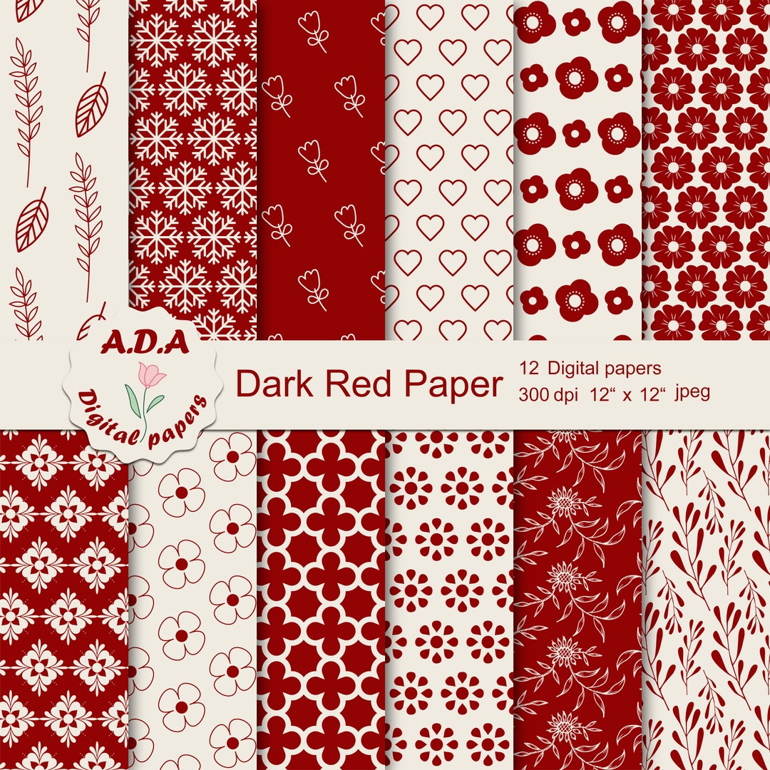 Dark Red Digital Paper, Red Floral Pattern, Red Scrapbook Paper, Dark ...