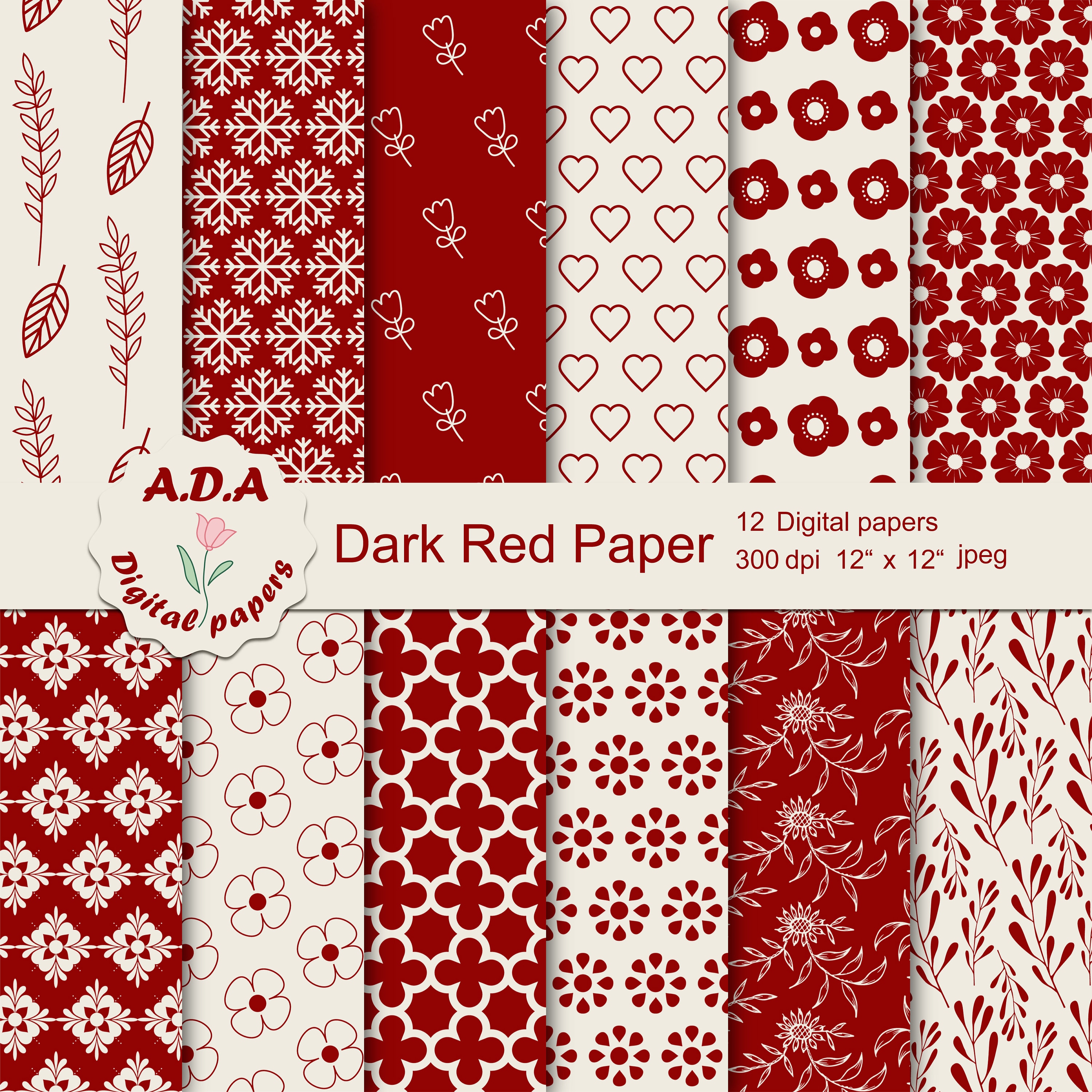 Dark Red Digital Paper, Red Floral Pattern, Red Scrapbook Paper, Dark ...