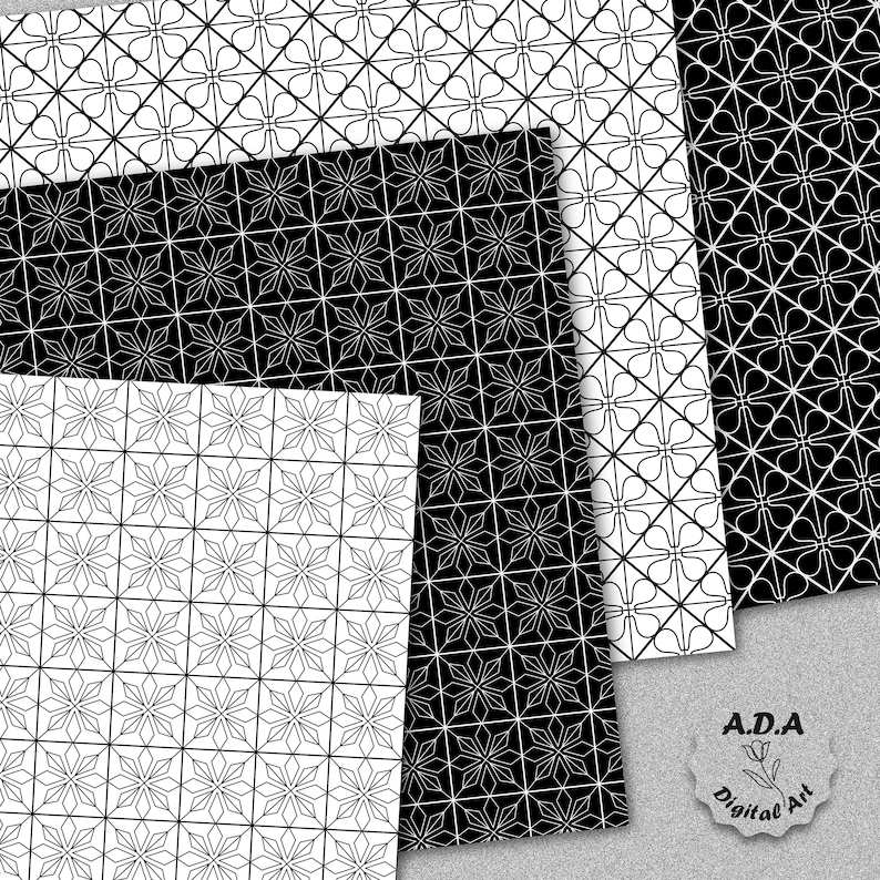Black and White Digital Paper, Black & White Tile Pattern, Black and ...
