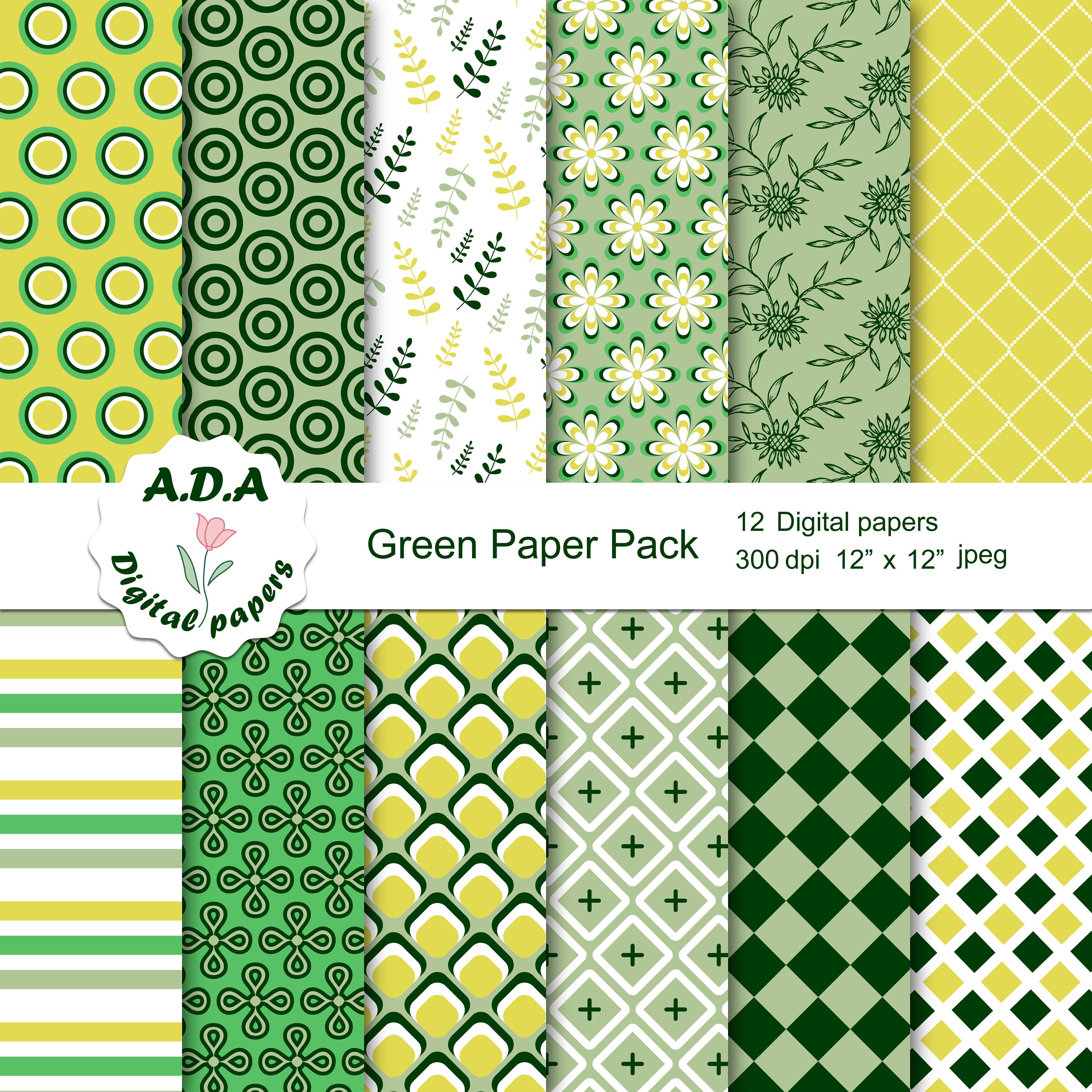 Green Paper Pack, Green and Yellow Scrapbook Papers, Green Background ...