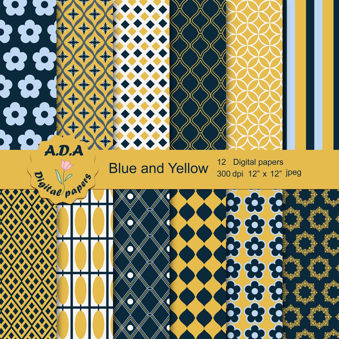 Blue and Yellow Digital Paper Pack, Scrapbooking Paper, Blue and Yellow ...