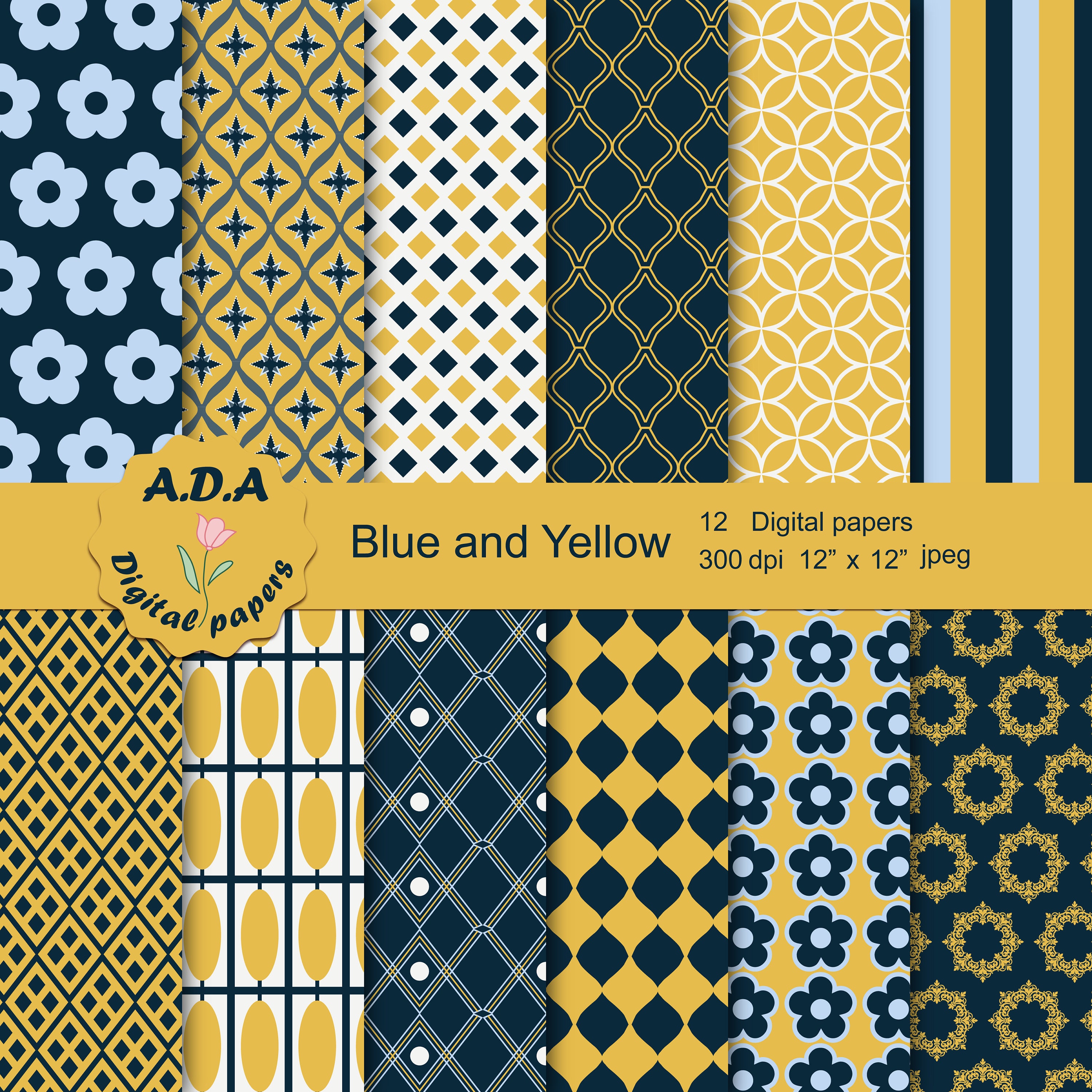 Blue and Yellow Digital Paper Pack, Scrapbooking Paper, Blue and Yellow ...