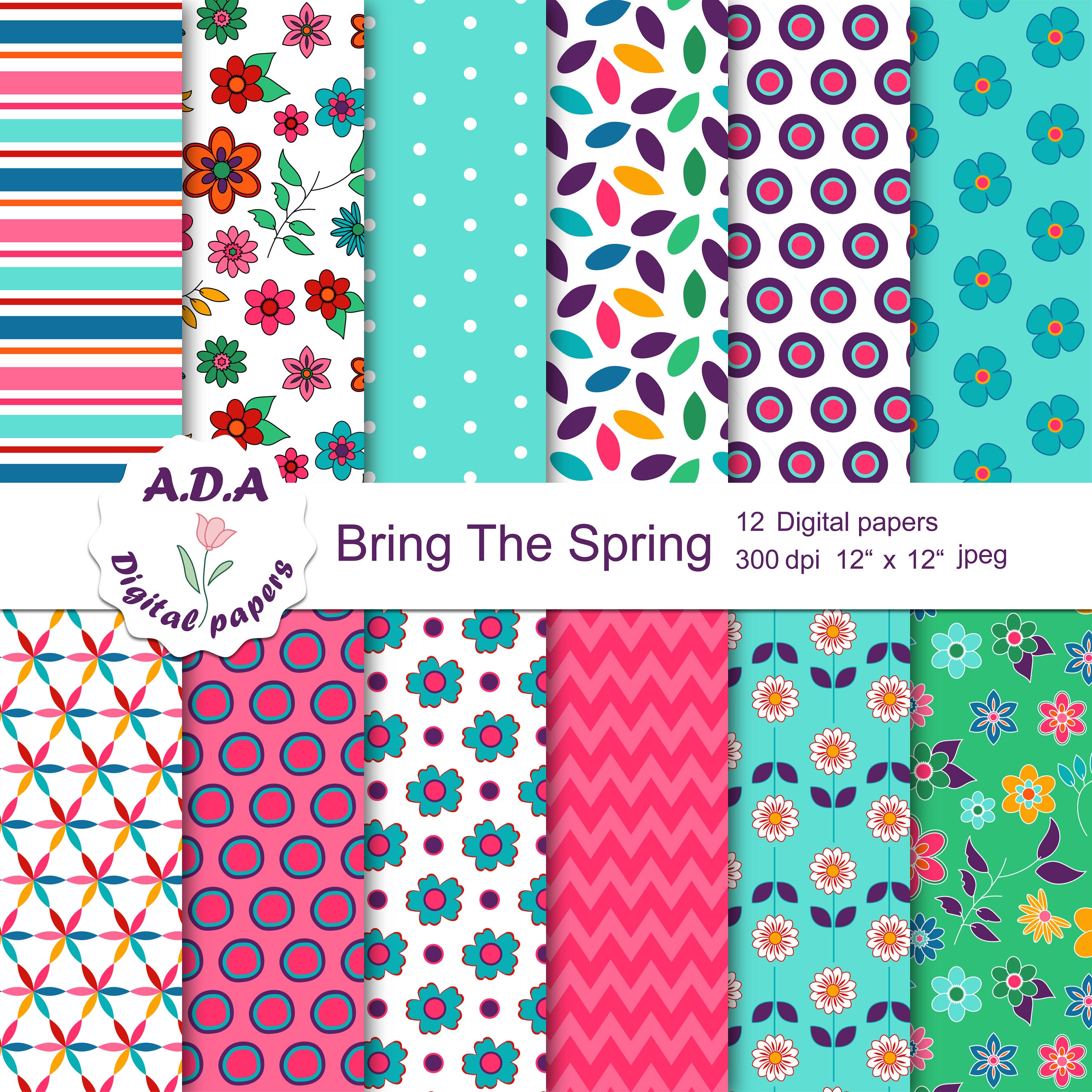 Colorful Spring Flowers Digital Paper Pack, Floral Scrapbooking Paper ...