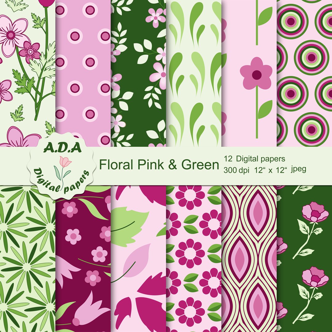 Pink and Green Digital Paper Pack, Pink and Green Scrapbooking Paper ...