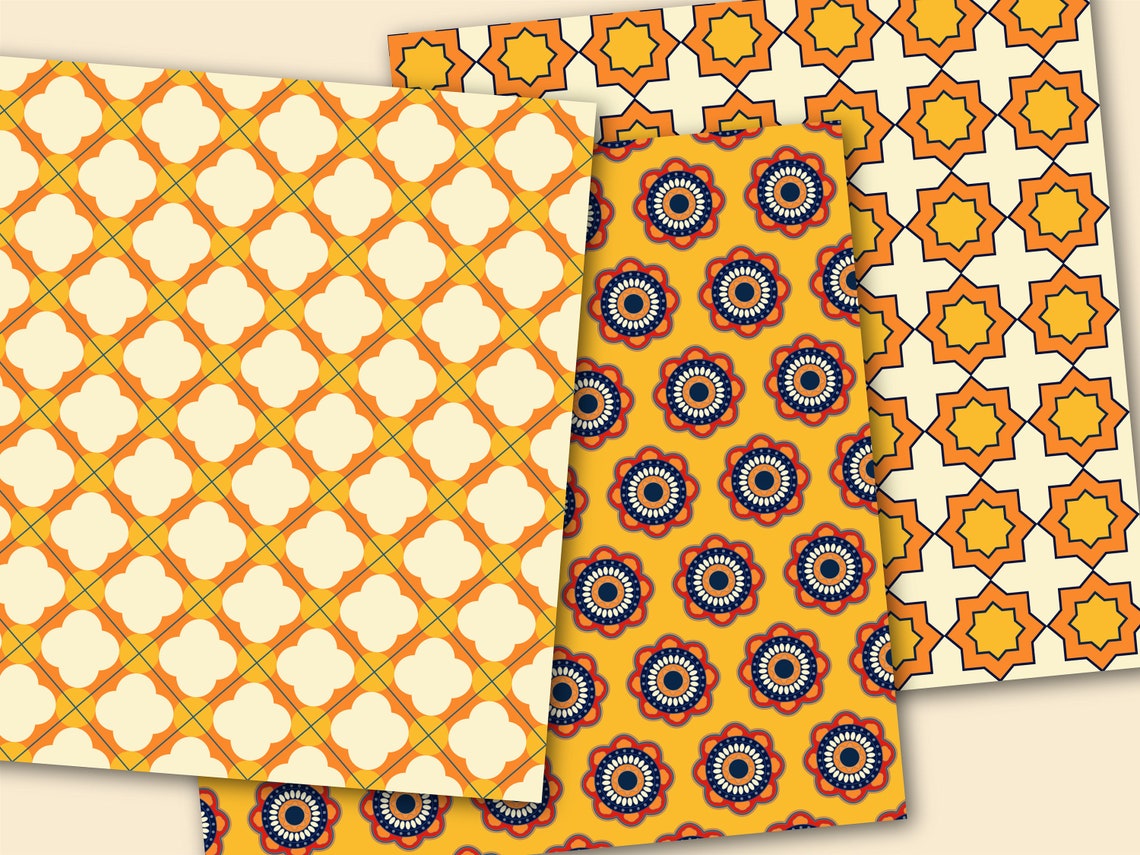 Gold and Blue Digital Paper, Gold Tiles Pattern, Yellow and Blue ...