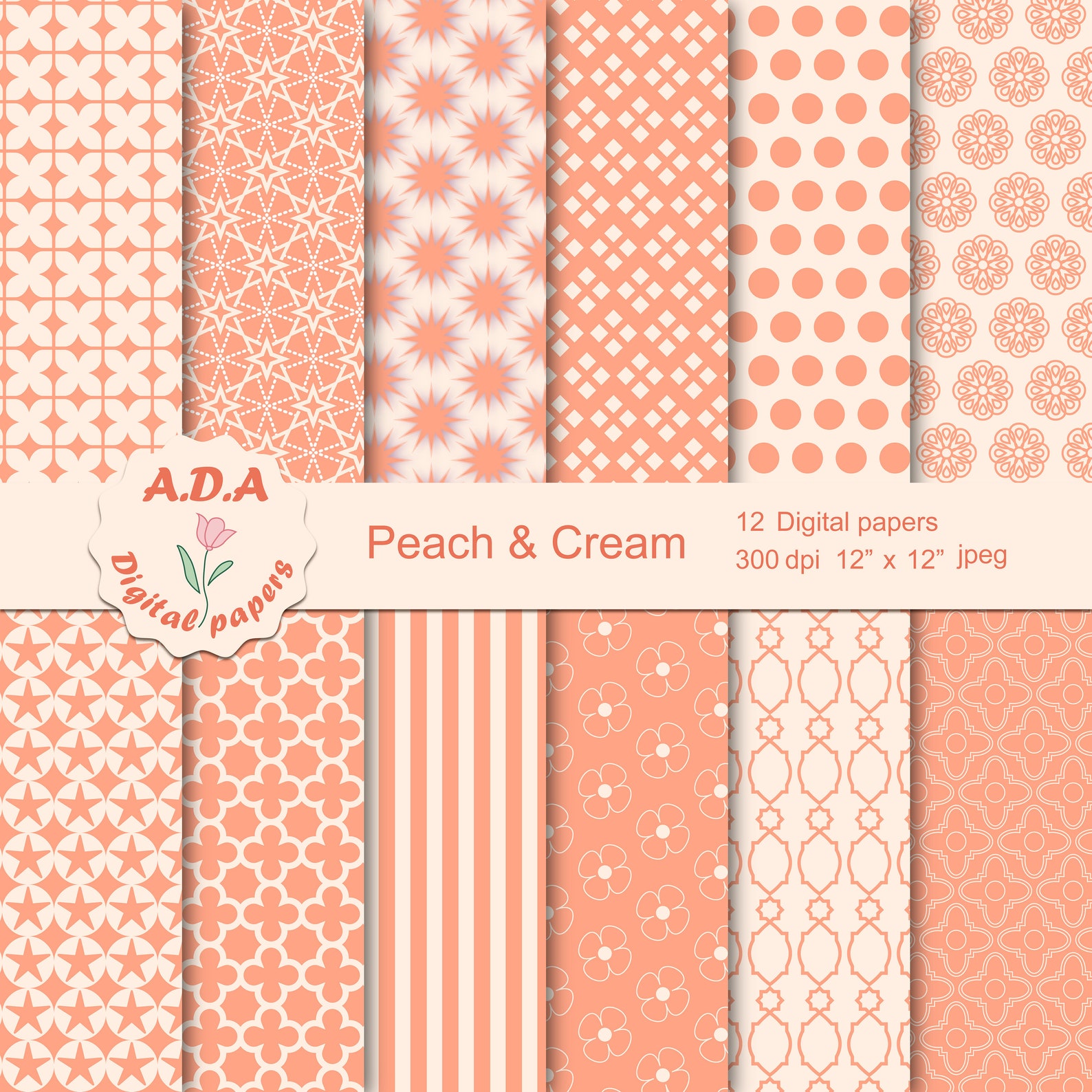 Peach and Cream Printable Digital Paper Pack, Peach and Cream Patterns ...