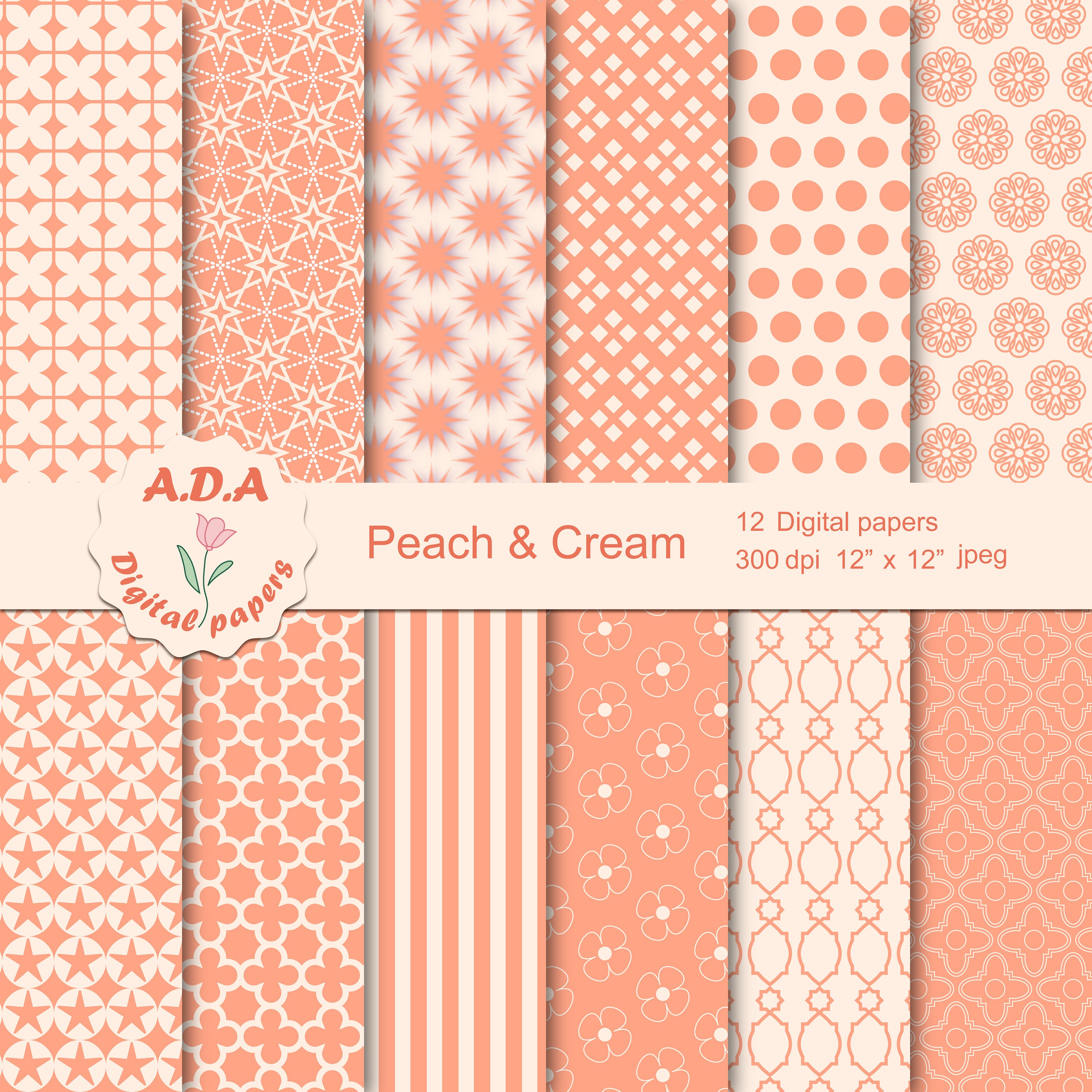 Peach and Cream Printable Digital Paper Pack, Peach and Cream Patterns ...