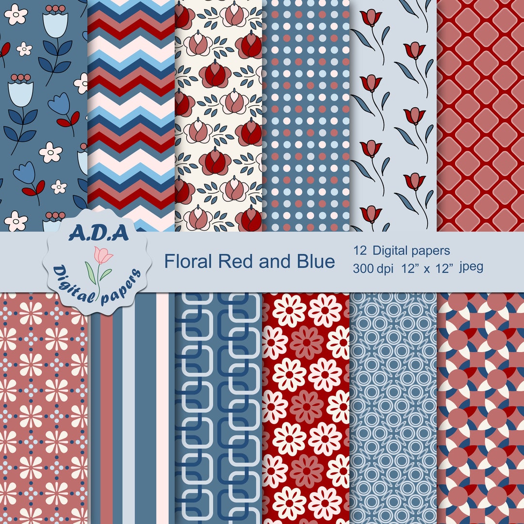 Floral Red and Blue Paper Pack, Red and Blue Scrapbook Paper, Floral ...