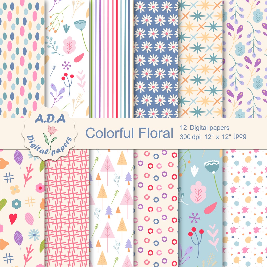 Colorful Floral Printable Digital Paper Pack, Floral Pattern, Colorful ...
