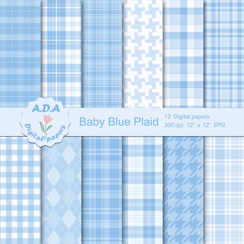 Light Blue Plaid Digital Paper Pack, Baby Blue Plaid Background ...