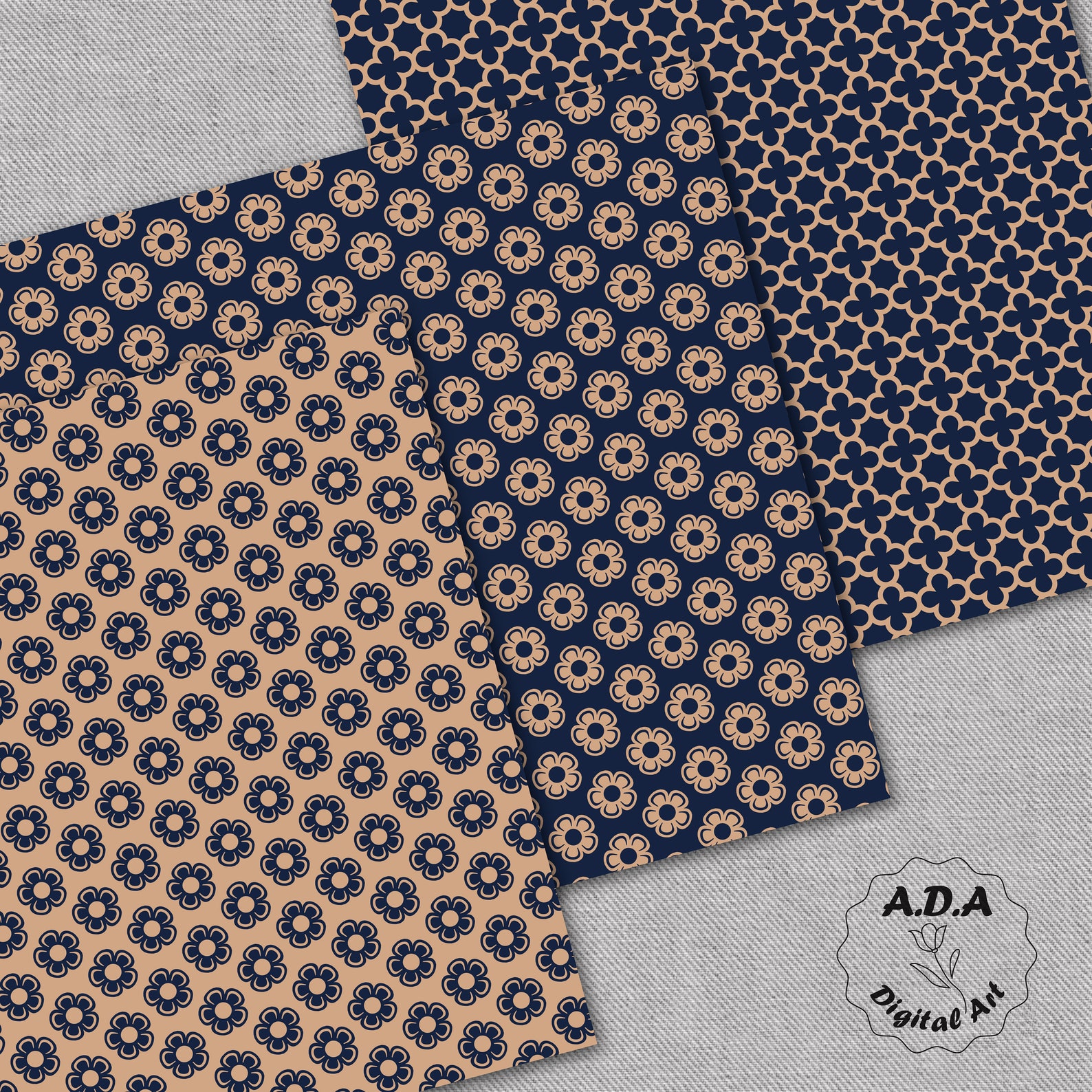 Blue and Beige Digital Paper Pack, Blue and Gold Scrapbooking Papers ...