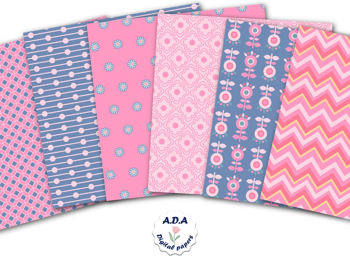 Pink and Blue Digital Paper Pack, Floral Scrapbooking Paper, Spring ...