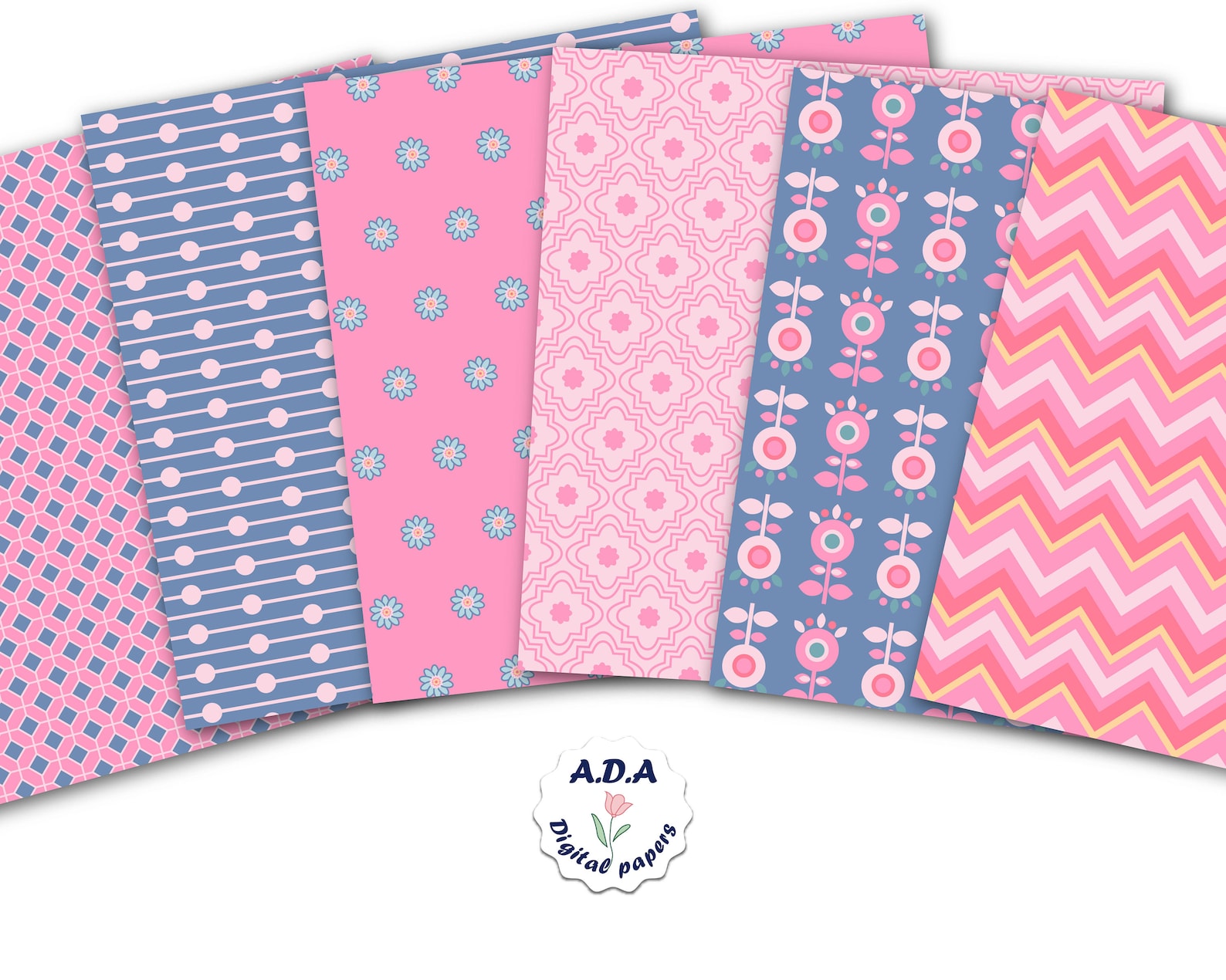 Pink and Blue Digital Paper Pack, Floral Scrapbooking Paper, Spring ...