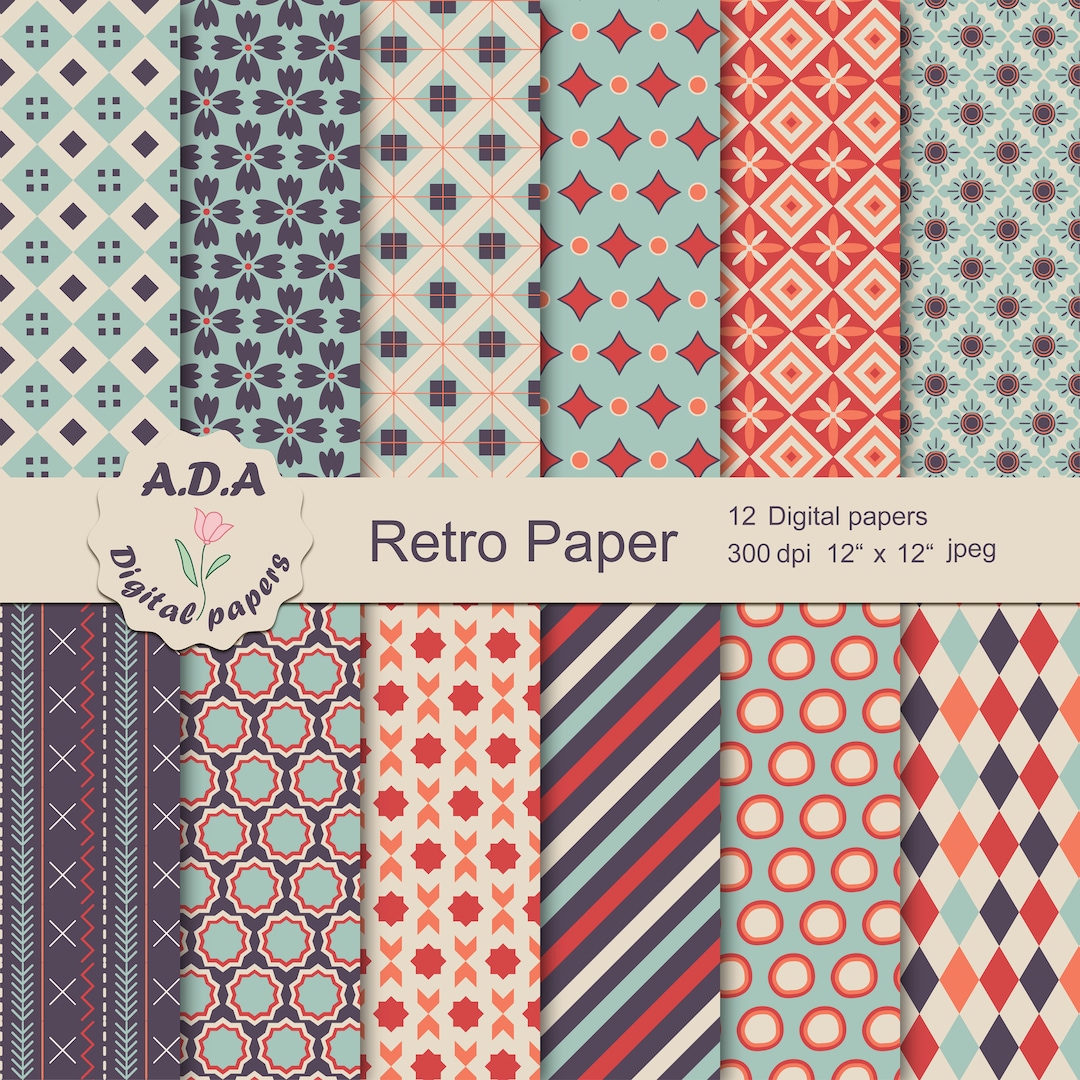 Retro Paper Pack, Blue and Orange Scrapbook Paper, Vintage Pattern ...
