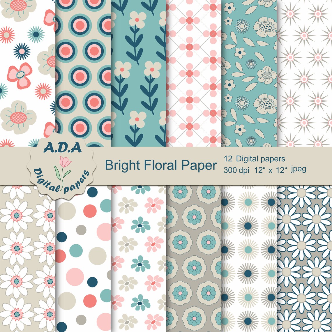 Bright Floral Printable Digital Paper, Floral Pattern, Floral ...